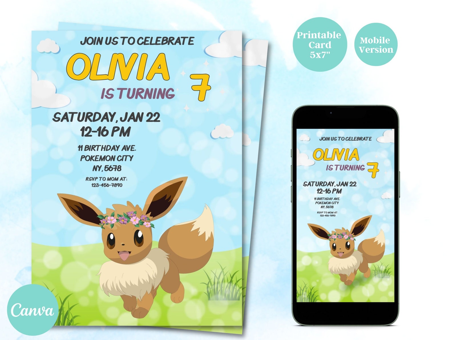 Editable Pokemon Birthday Invitation, Pokemon Birthday Theme, Eevee ...