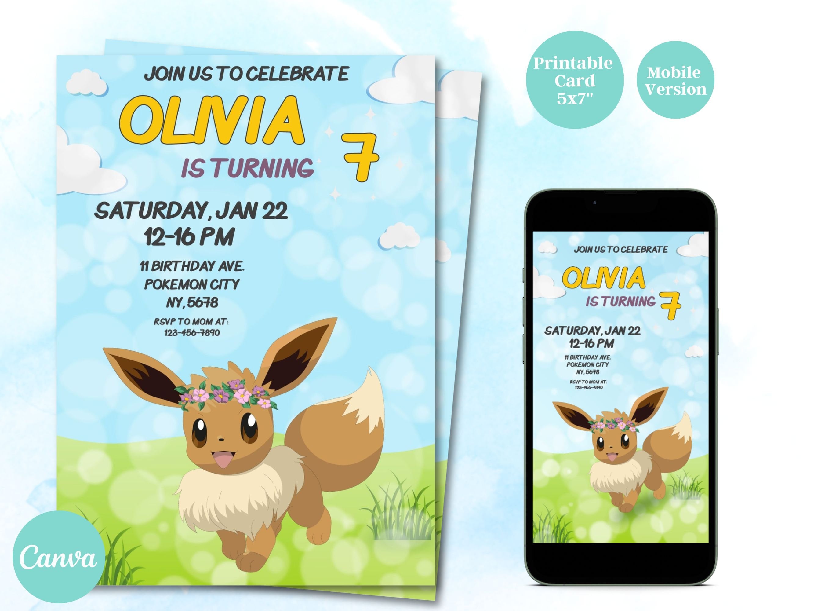 Editable Pokemon Birthday Invitation, Pokemon Birthday Theme, Eevee ...