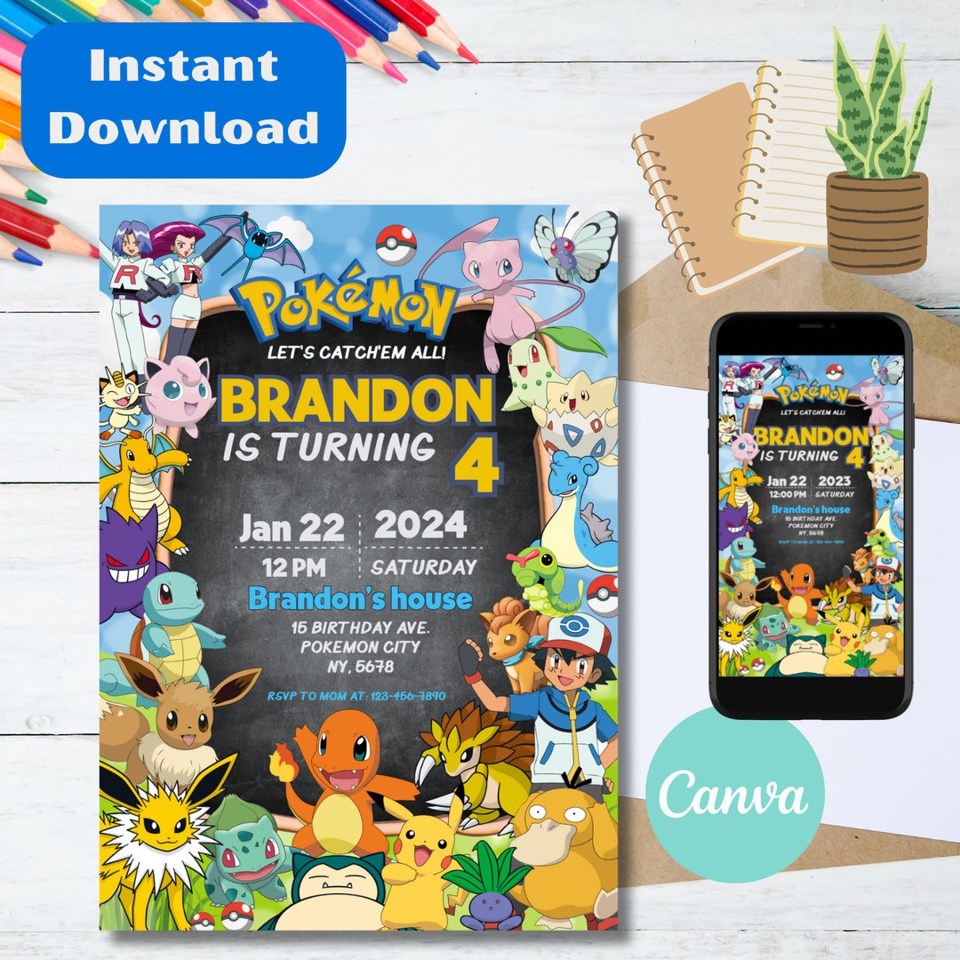 Invitación de cumpleaños editable de Pokémon, Tema de cumpleaños de ...