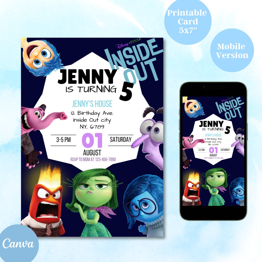 Invitación de cumpleaños de Inside Out, tema de cumpleaños de Inside ...
