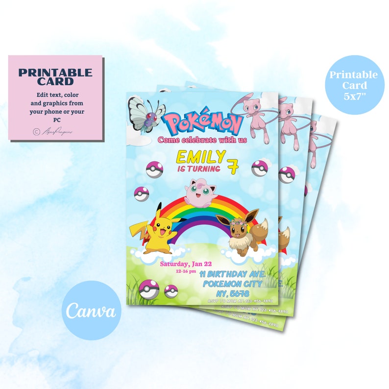Editable Pokemon Birthday Invitation, Pokemon Birthday Theme, Pink ...