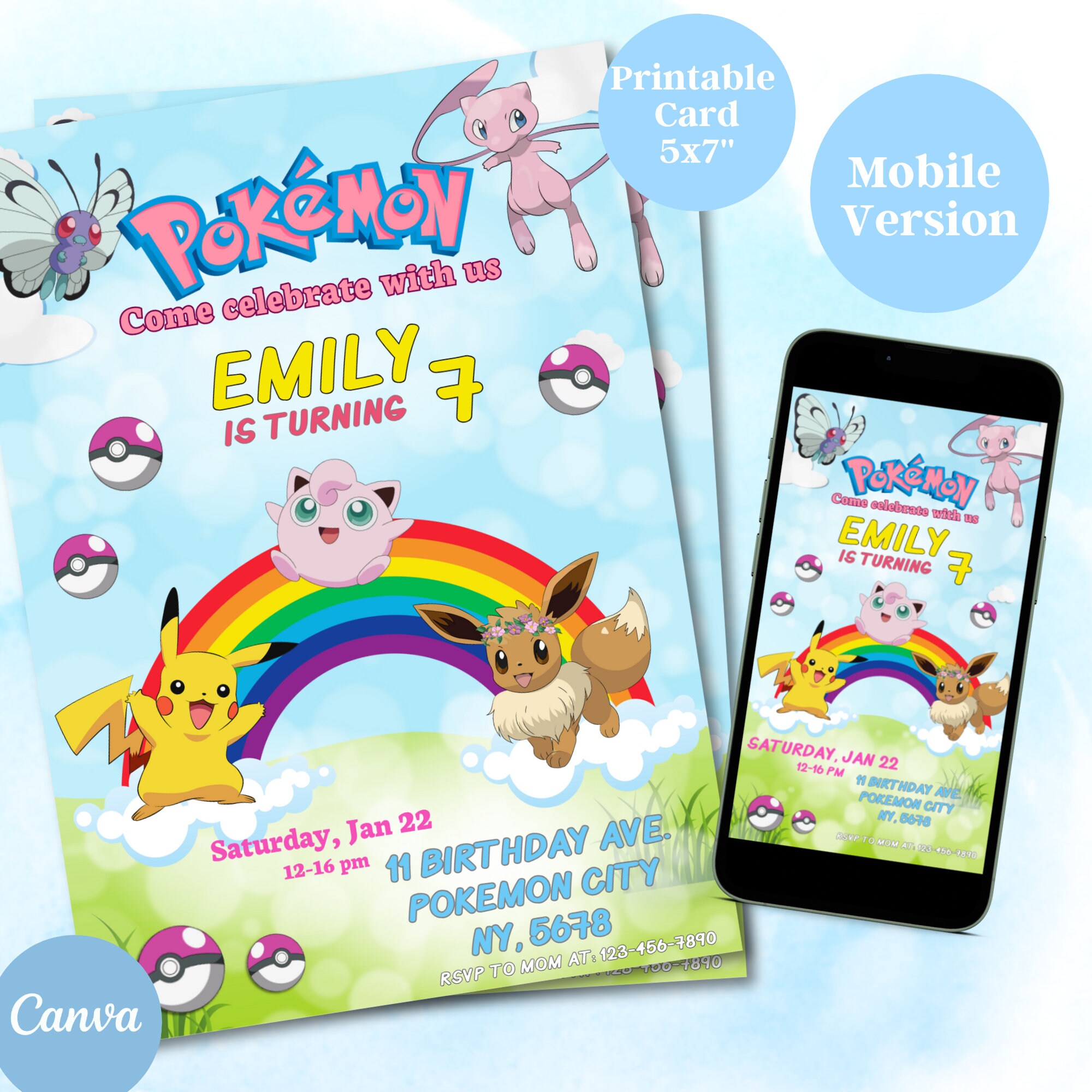 Editable Pokemon Birthday Invitation, Pokemon Birthday Theme, Pink ...