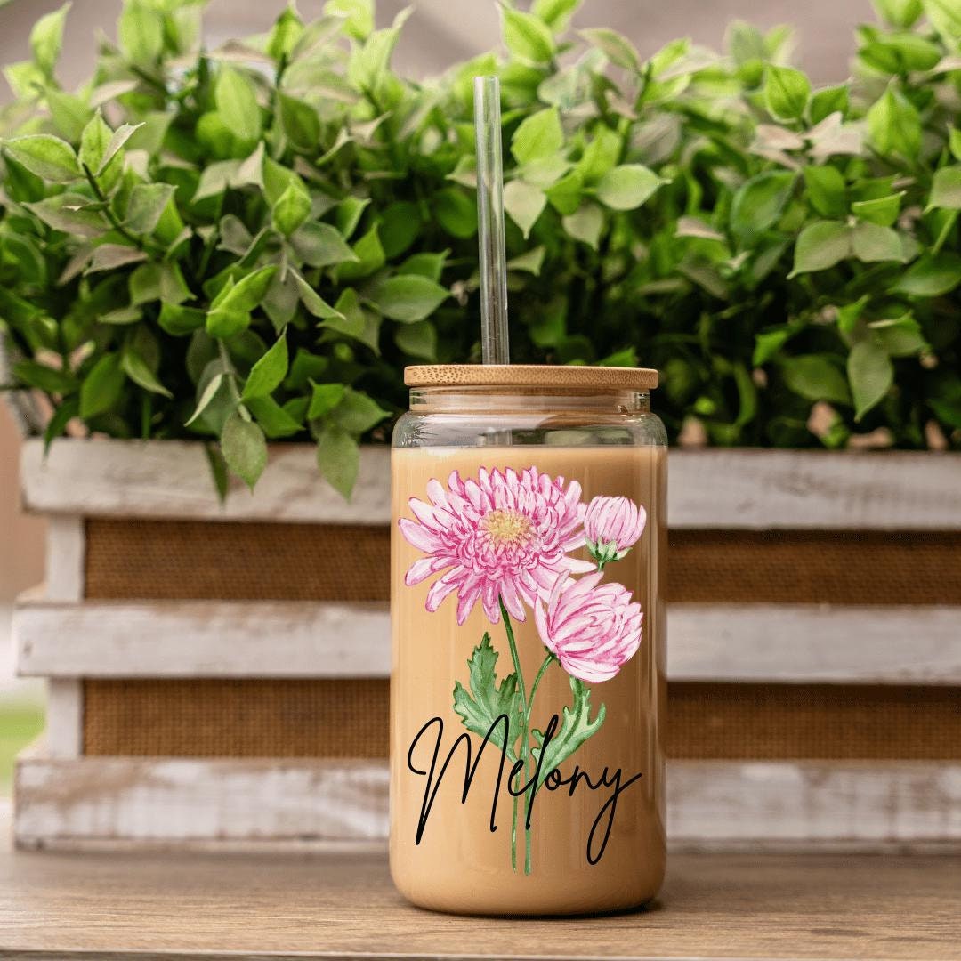 Personalized Birth Flower Iced Coffee Cup With Lid and Straw, Custom ...