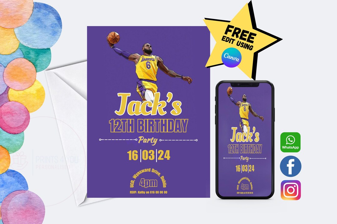 Lebron James LA Lakers | Editable Birthday Invitation | NBA ...