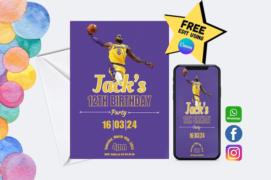 Lebron James LA Lakers Editable Birthday Invitation NBA Basketball ...