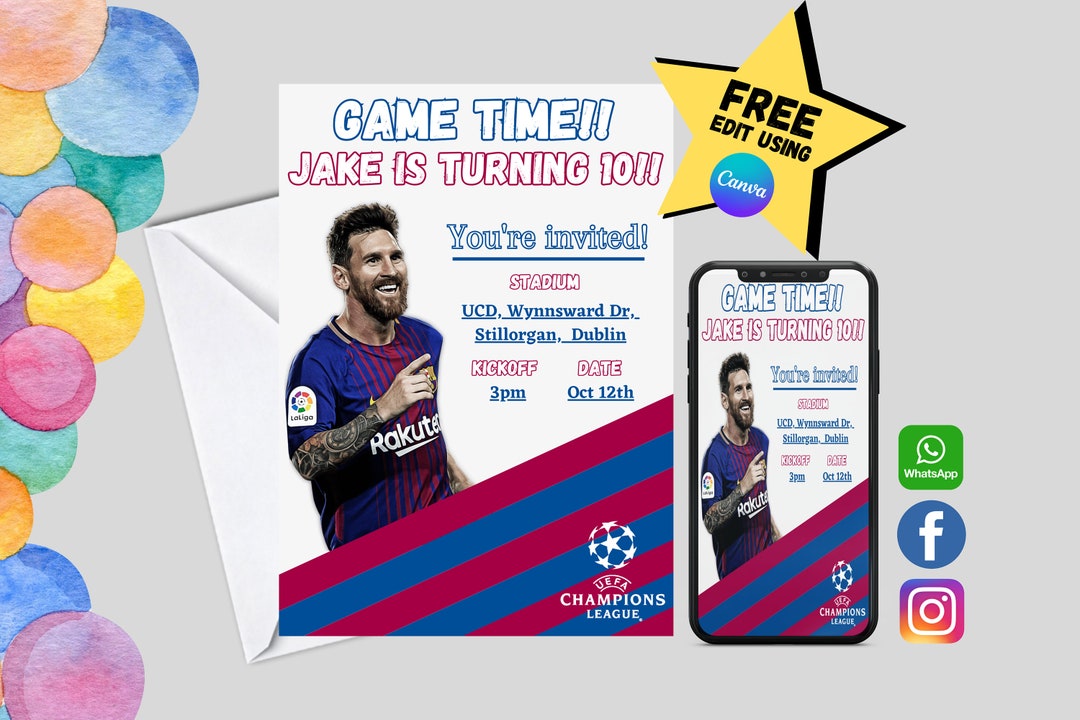 Lionel Messi Theme Birthday Editable Kids Party Invitation Football ...
