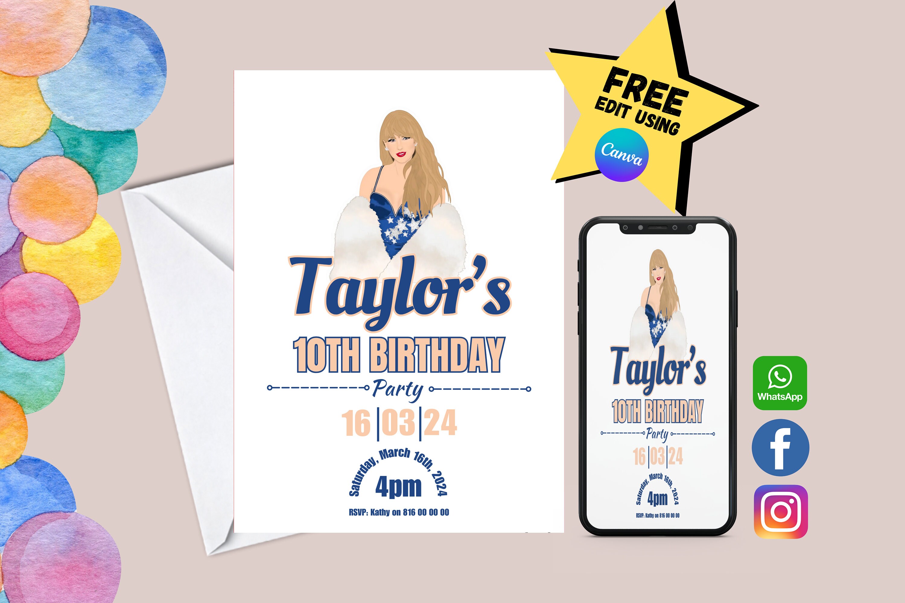 Taylor Swift Editable Birthday Invitation Midnights Tay Tay FREE EDIT ...
