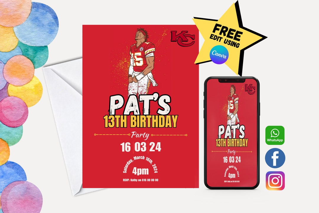 Patrick Mahomes Kansas City Chiefs Editable Birthday Invitation ...
