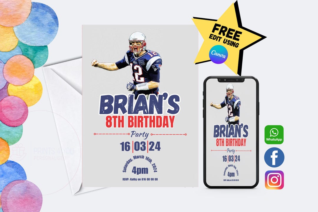 Tom Brady Theme Birthday | Editable Kids Party Invitation | Football ...