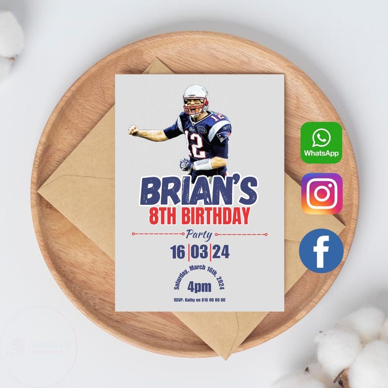 Tom Brady Theme Birthday | Editable Kids Party Invitation | Football ...