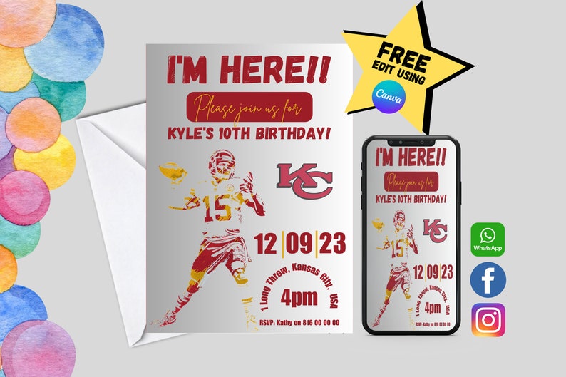 Patrick Mahomes Kansas City Chiefs Editable Birthday Invitation ...