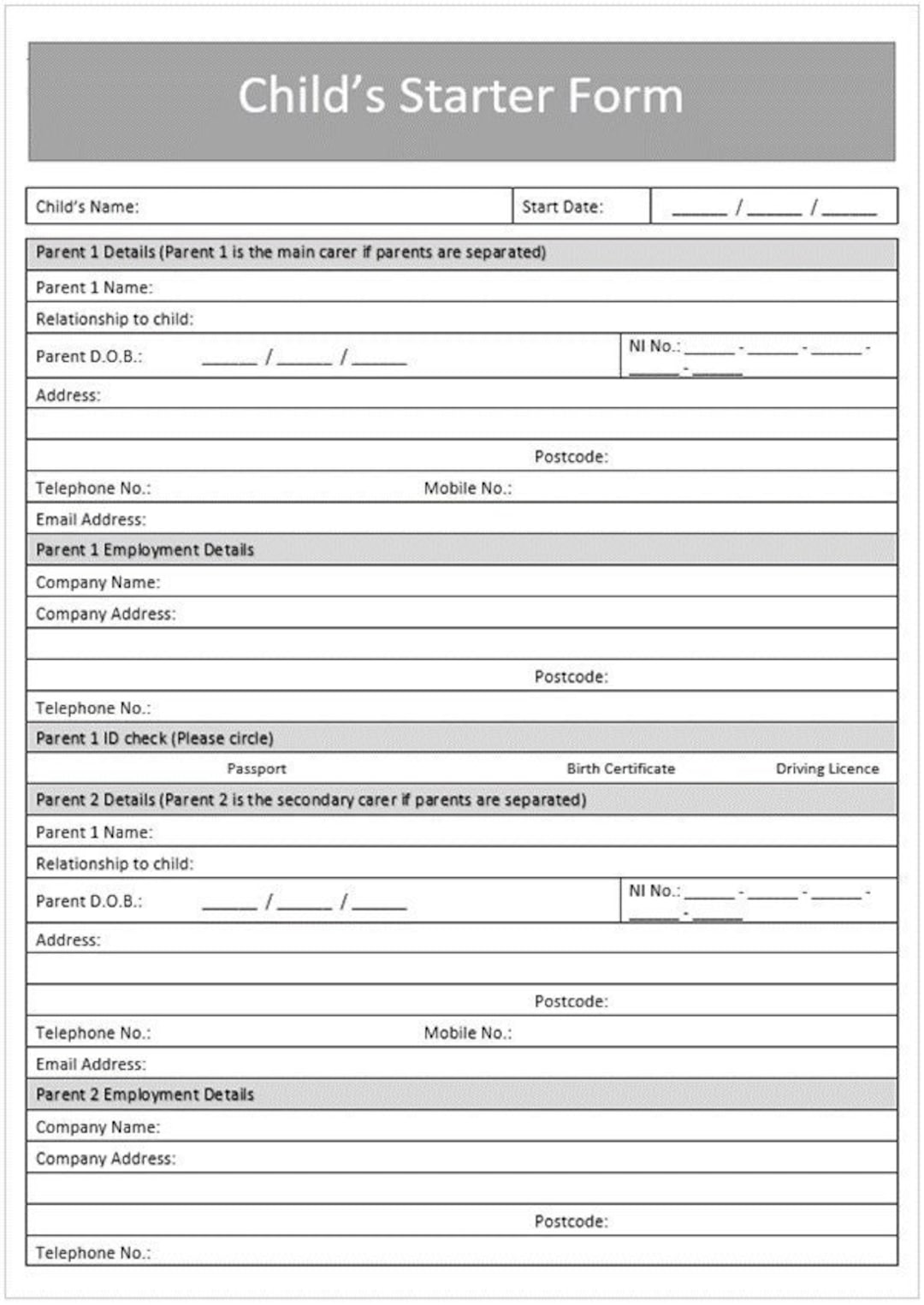 Child Starter Form/data Collection for Childminder or Children’s ...