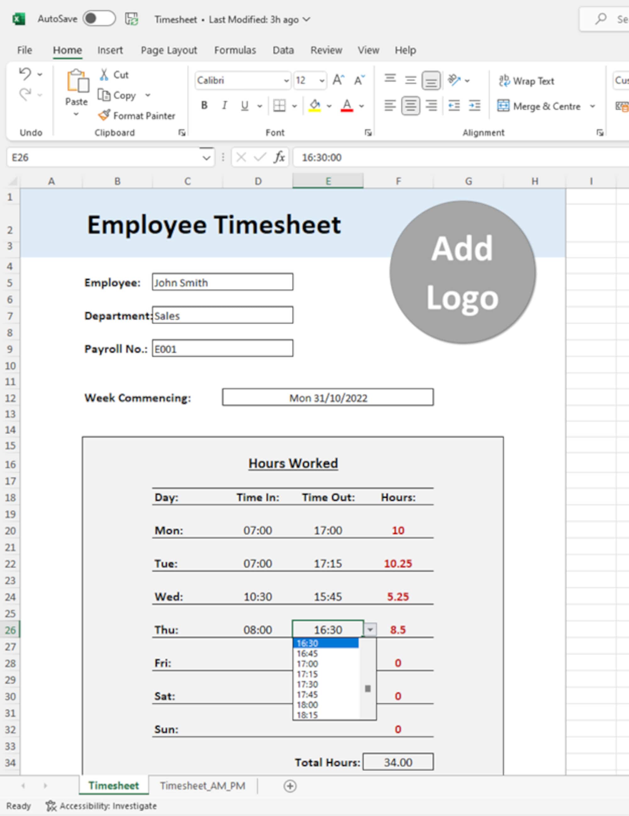 Timesheet for Microsoft Excel; Automated, Distributable and ...