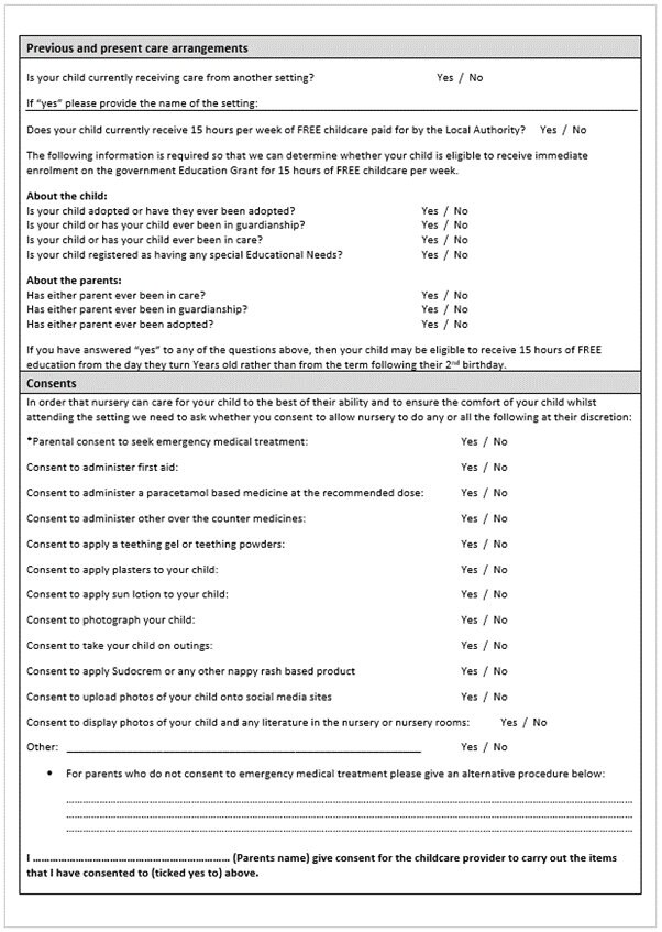 Child Starter Form/data Collection for Childminder or Childrens Nursery, Microsoft Word, Open ...
