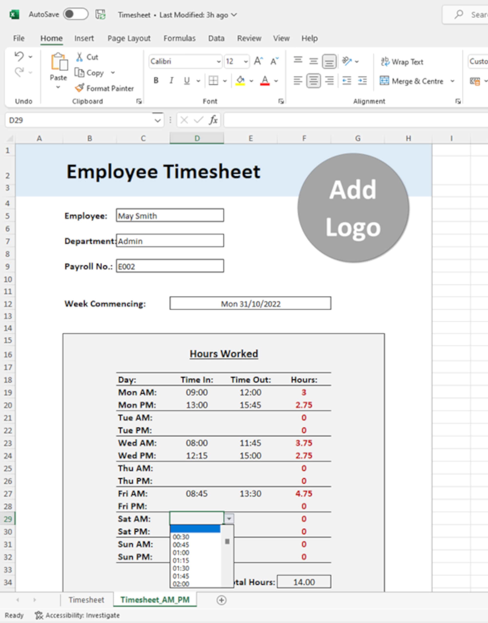 Timesheet for Microsoft Excel Automated, Distributable and Customisable ...