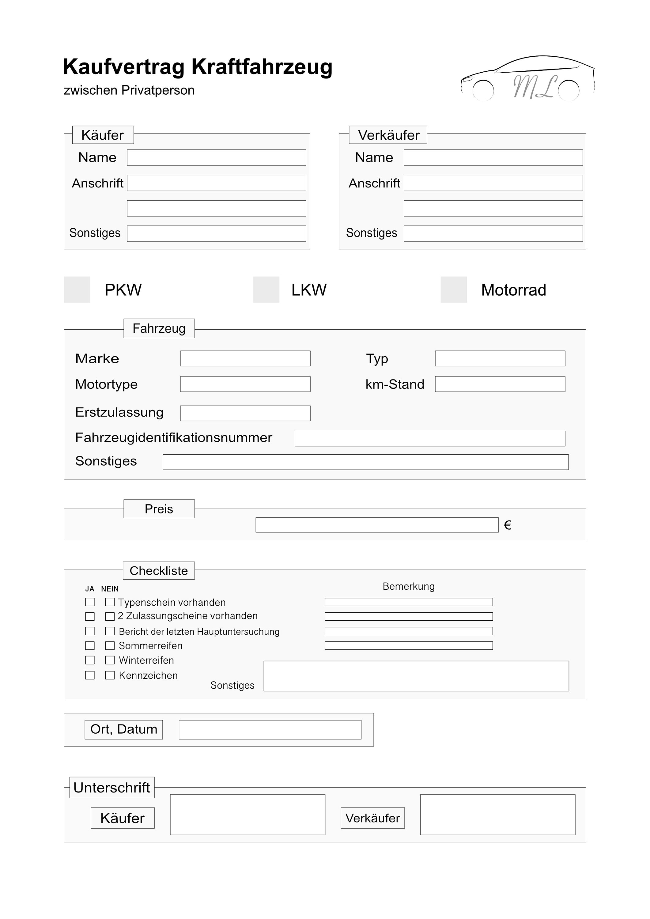 Auto PKW Kaufvertrag Formular A4 Drucken Vorlage Deutsch Deutschland ...