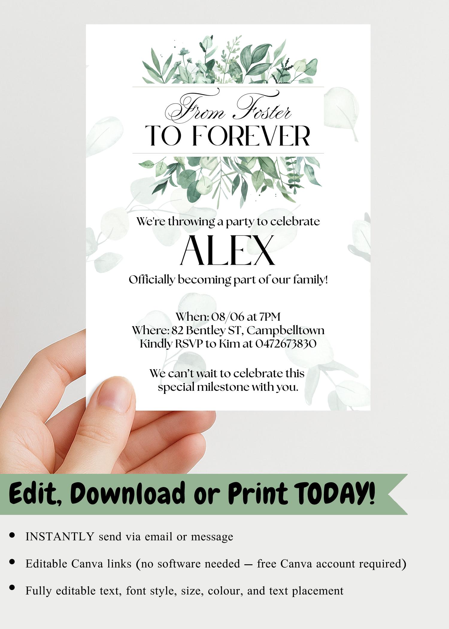 Editable Adoption Party Invitation – From Foster to Forever | Canva ...