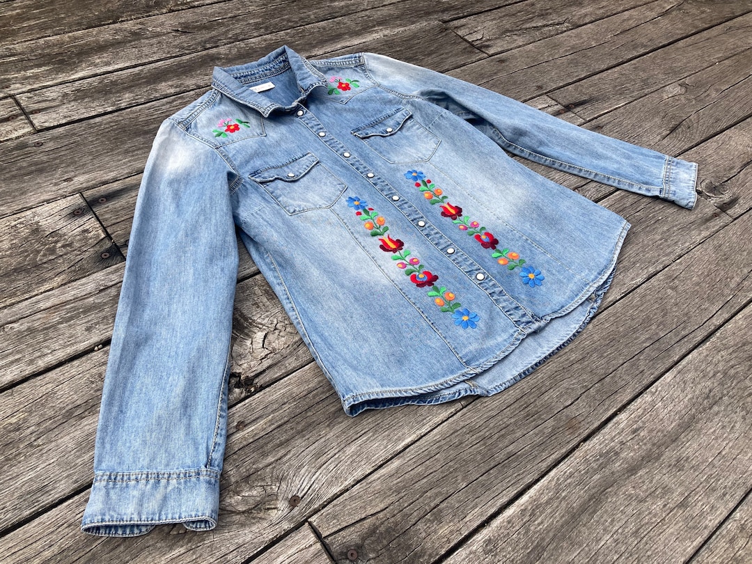 Women Embroidery Denim Shirt Reimagined - Etsy
