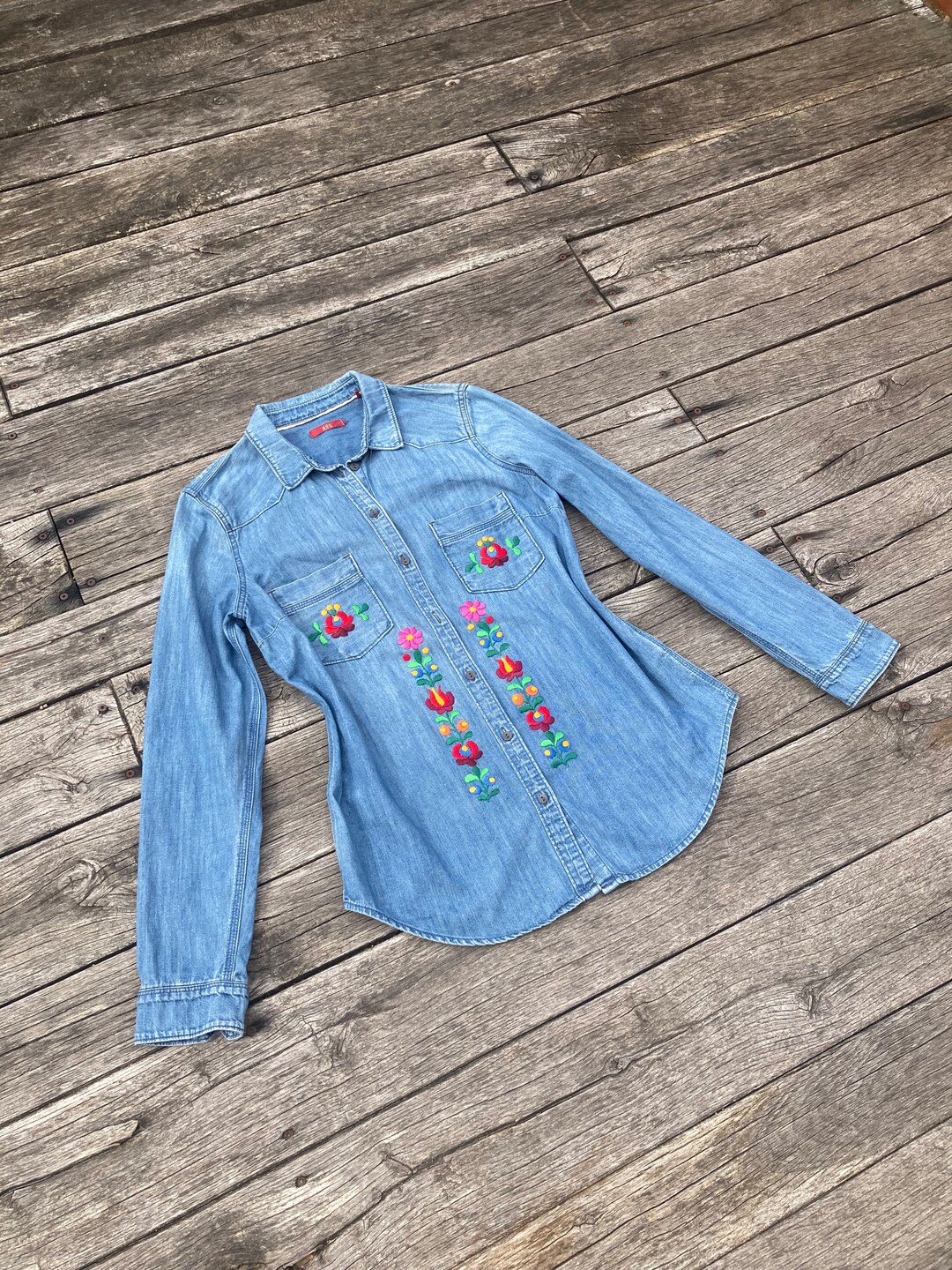 Women Embroidery Denim Shirt Reimagined - Etsy