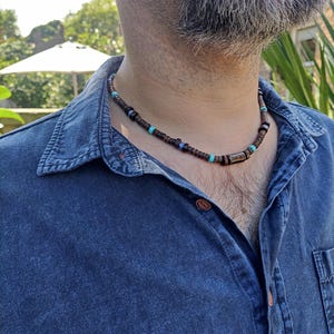 Mens Boho Surf Necklace - Turquoise, Blue Spot Agate, Ceramic, Wood ...