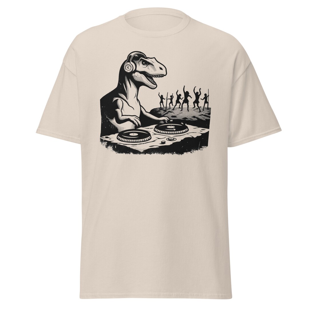 Dinosaur DJ Funny Mens Tshirt | Caveman Rave Party Shirt | Dino DJ Rave ...