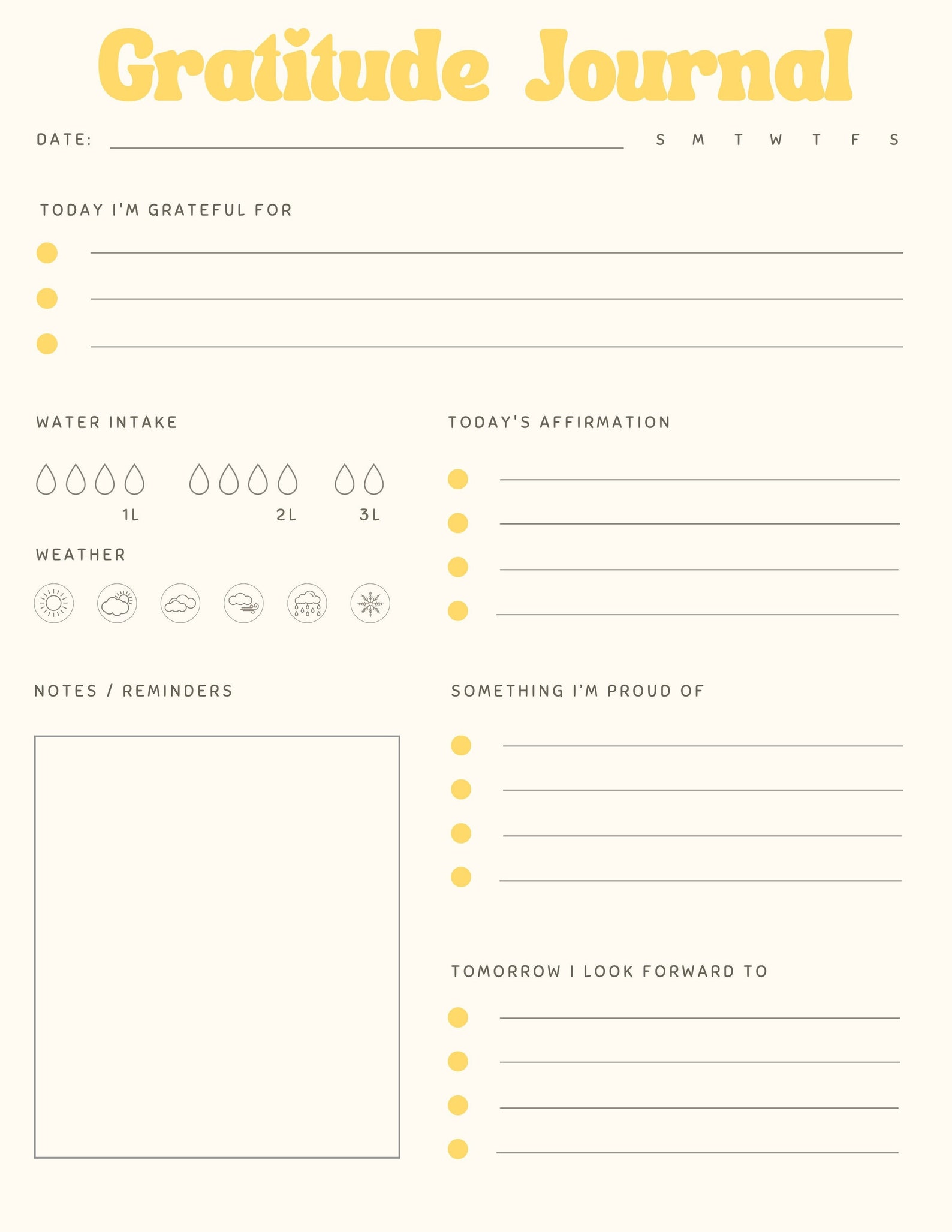 Printable Daily Gratitude Journal + Cute Habit Tracker - Sunny, Yellow ...