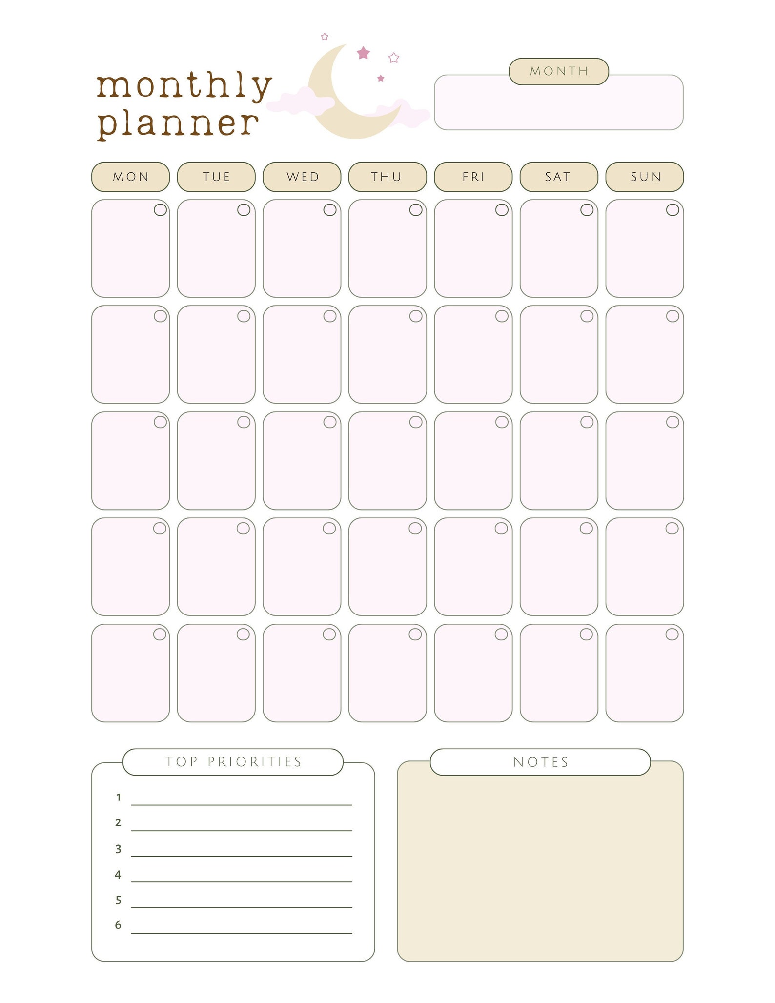 Monthly Planner Printable - Pastel, Neutral, Kawaii Moon - Etsy