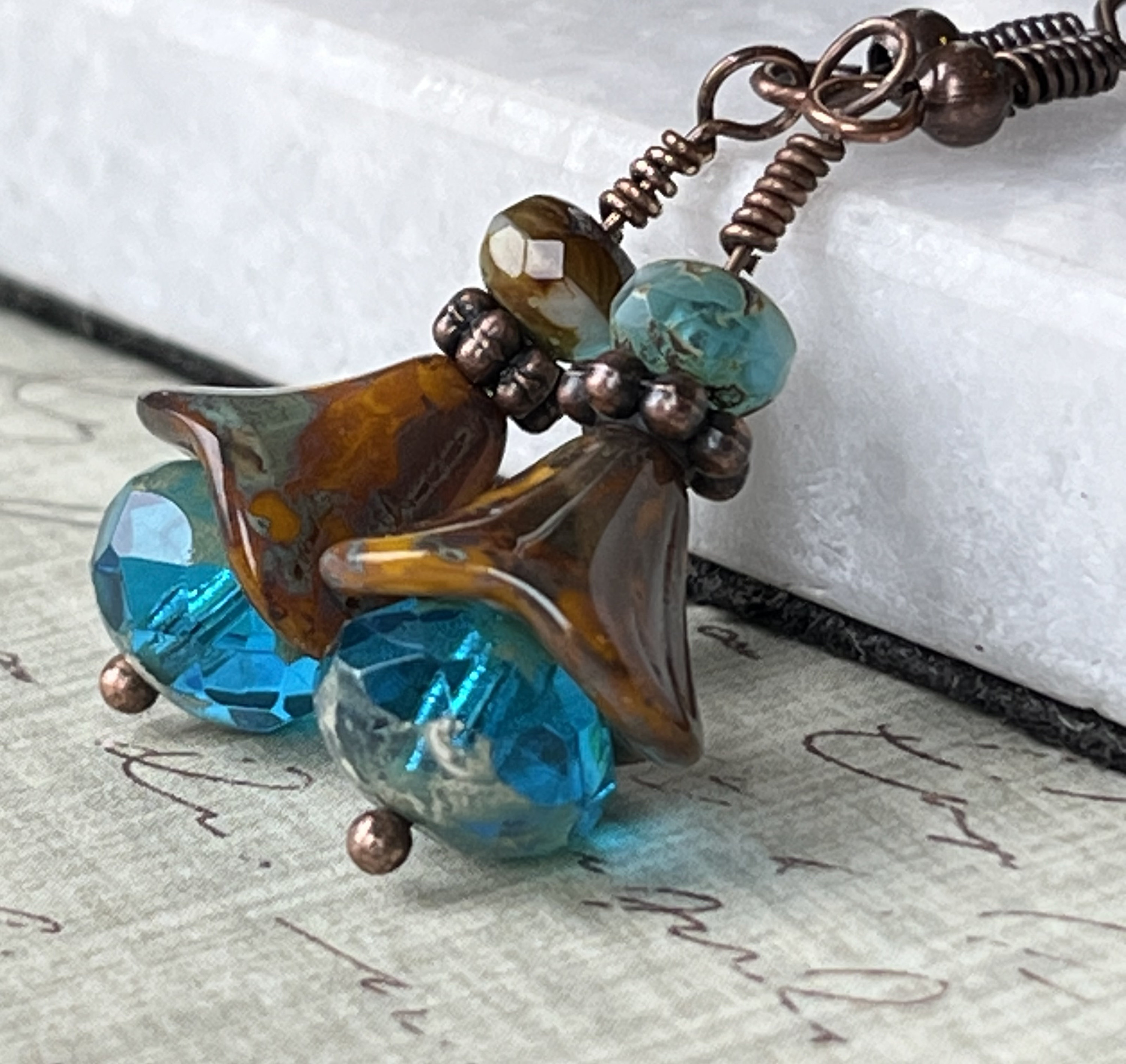 Sky Blue Picasso Bead and Copper Flower Earrings Copper - Etsy