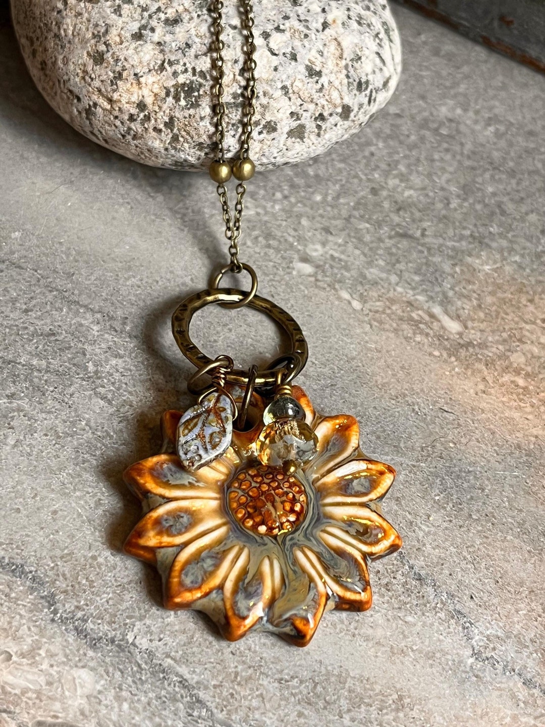 Artisan Ceramic Sunflower & Charms Long Necklace, Ceramic Pendant ...