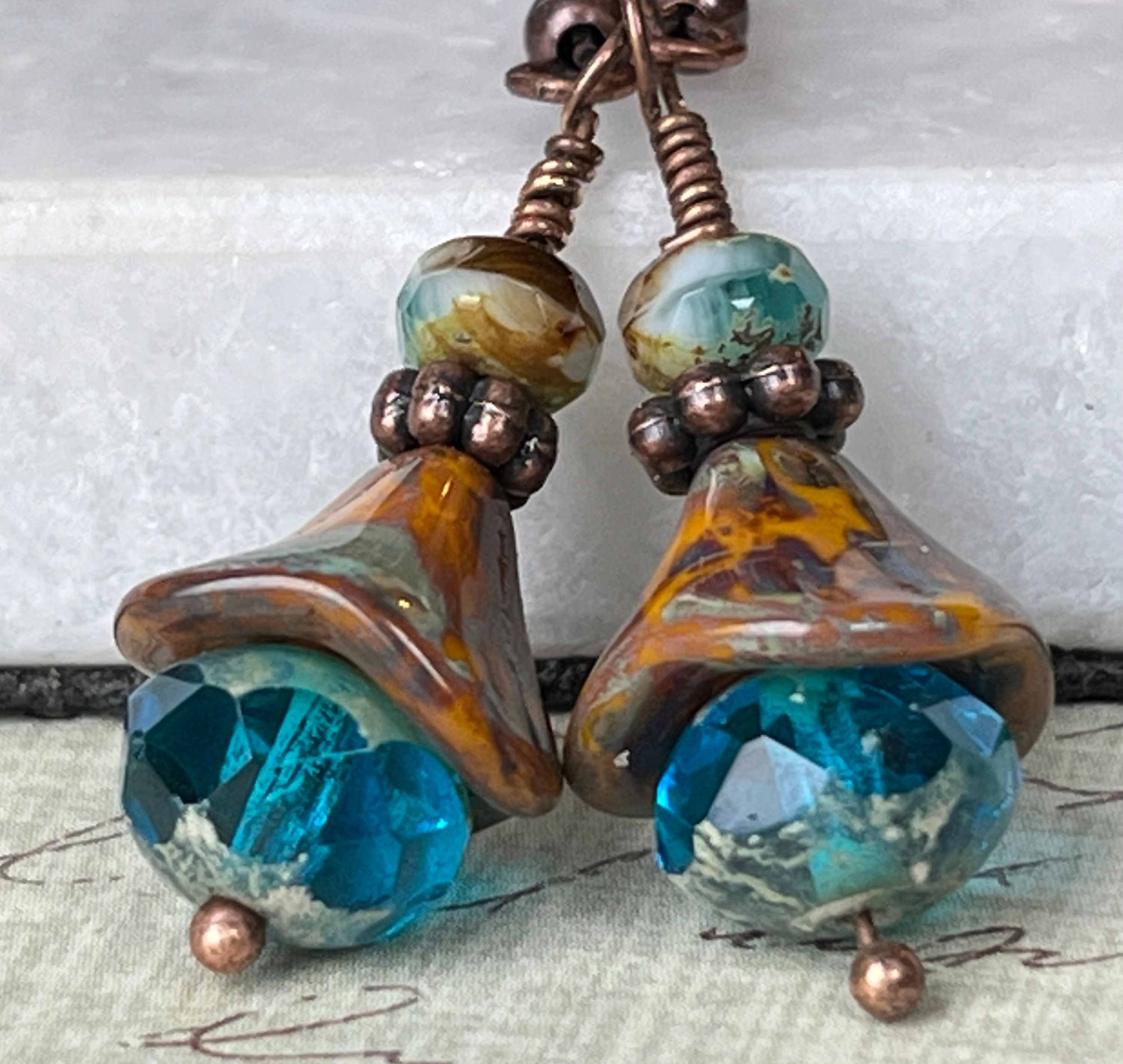 Sky Blue Picasso Bead and Copper Flower Earrings Copper - Etsy