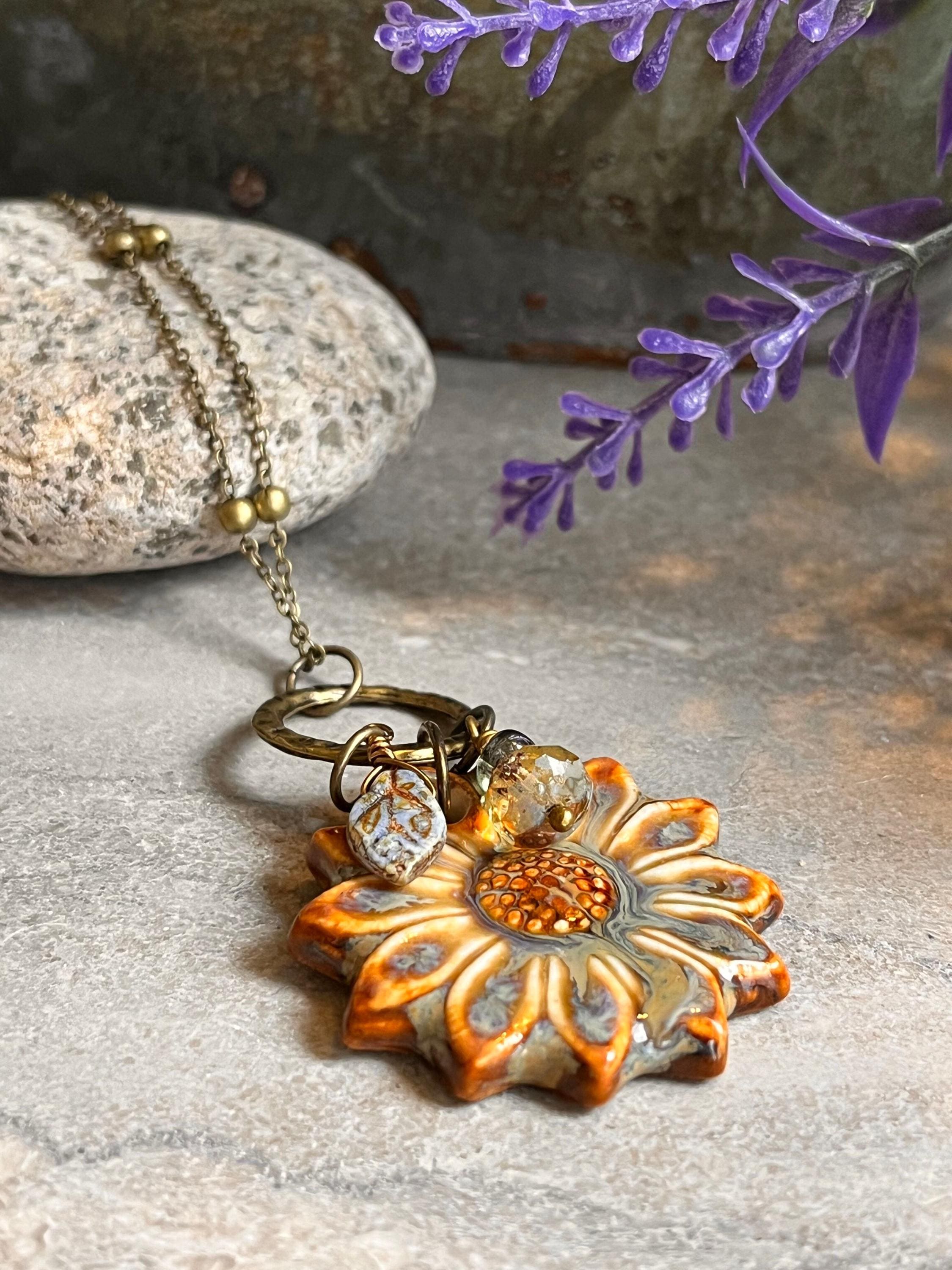 Artisan Ceramic Sunflower & Charms Long Necklace, Ceramic Pendant ...