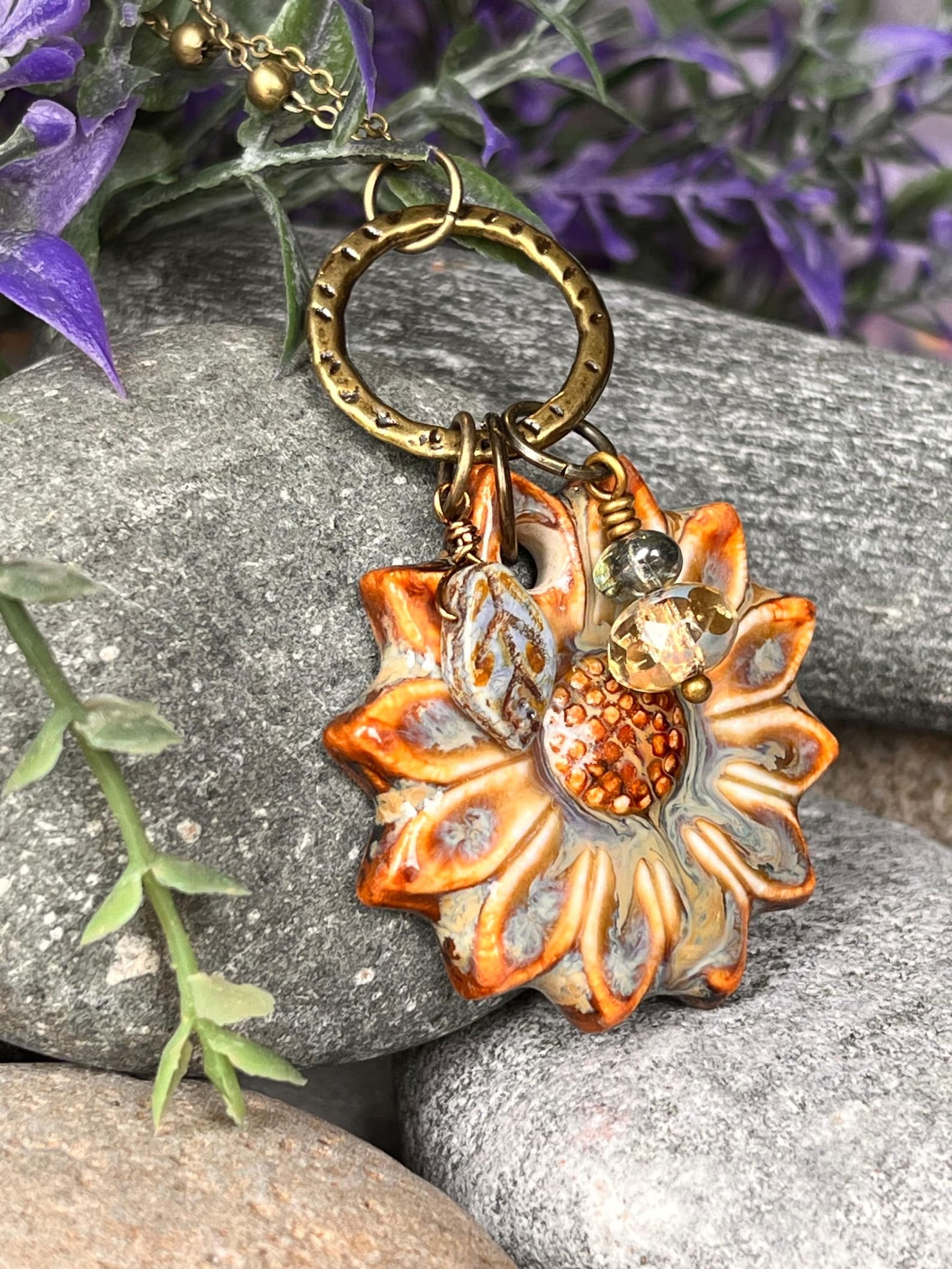 Artisan Ceramic Sunflower & Charms Long Necklace, Ceramic Pendant ...
