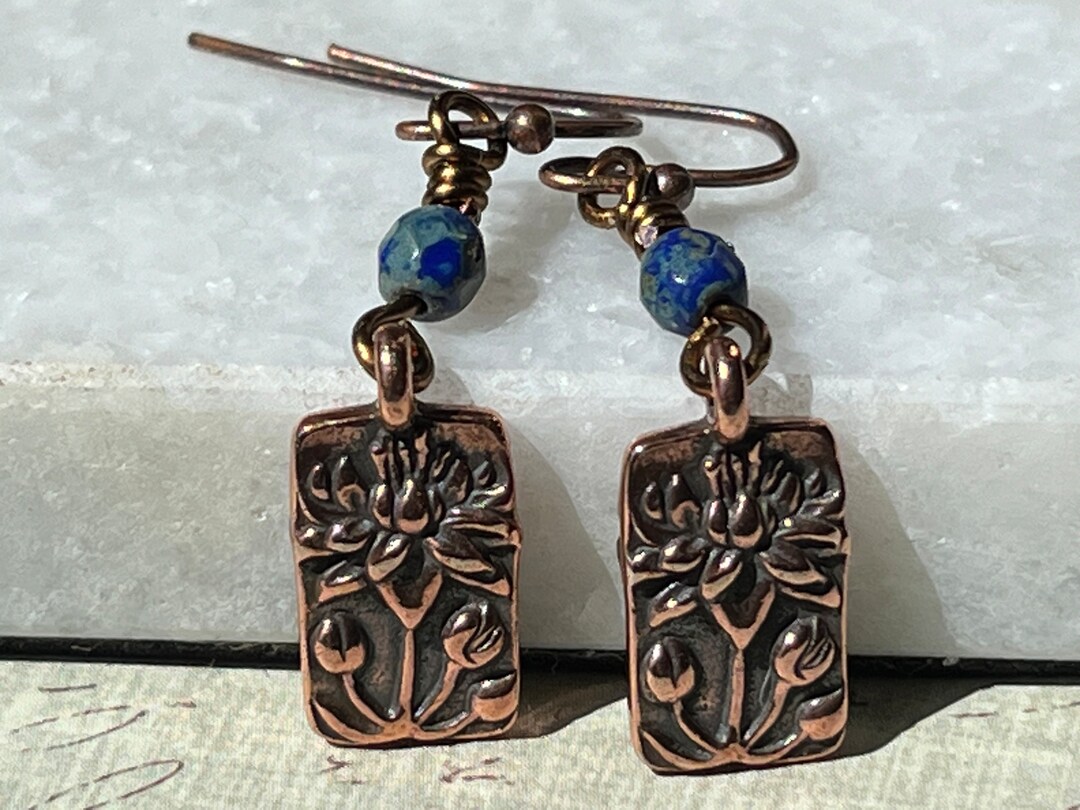 Lotus Flower Copper Earrings, Yoga Jewelry, Copper Jewelry, Blue Czech ...