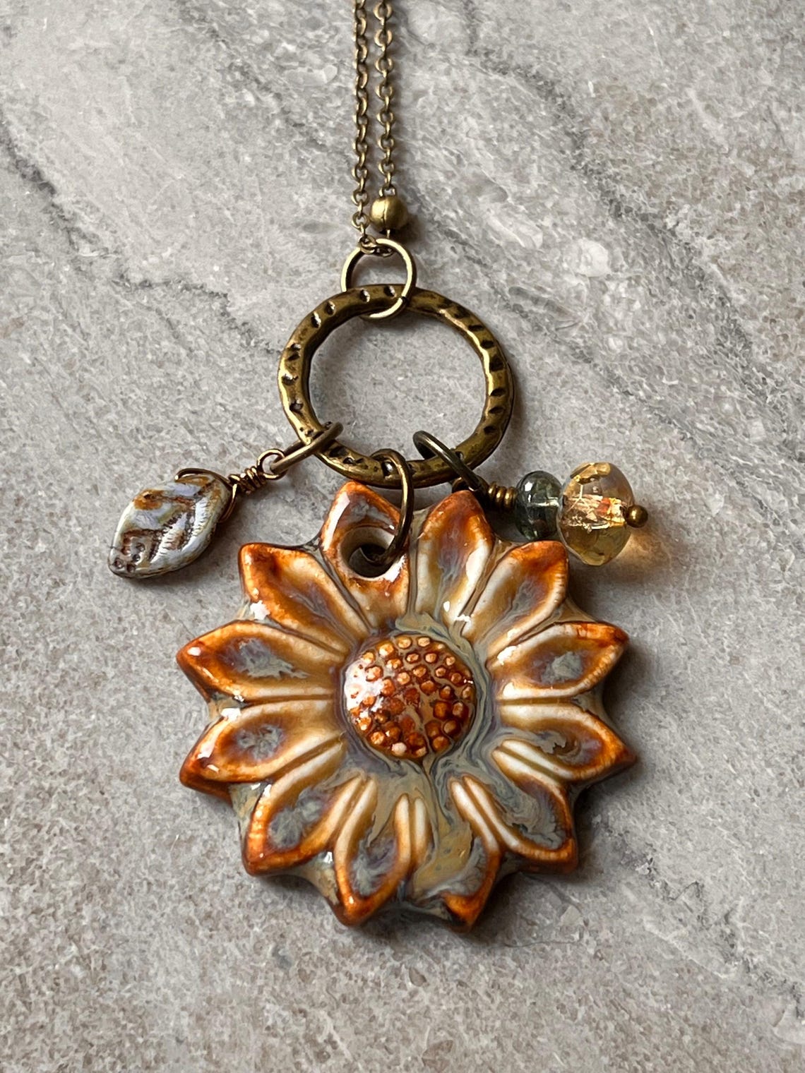 Artisan Ceramic Sunflower & Charms Long Necklace, Ceramic Pendant ...