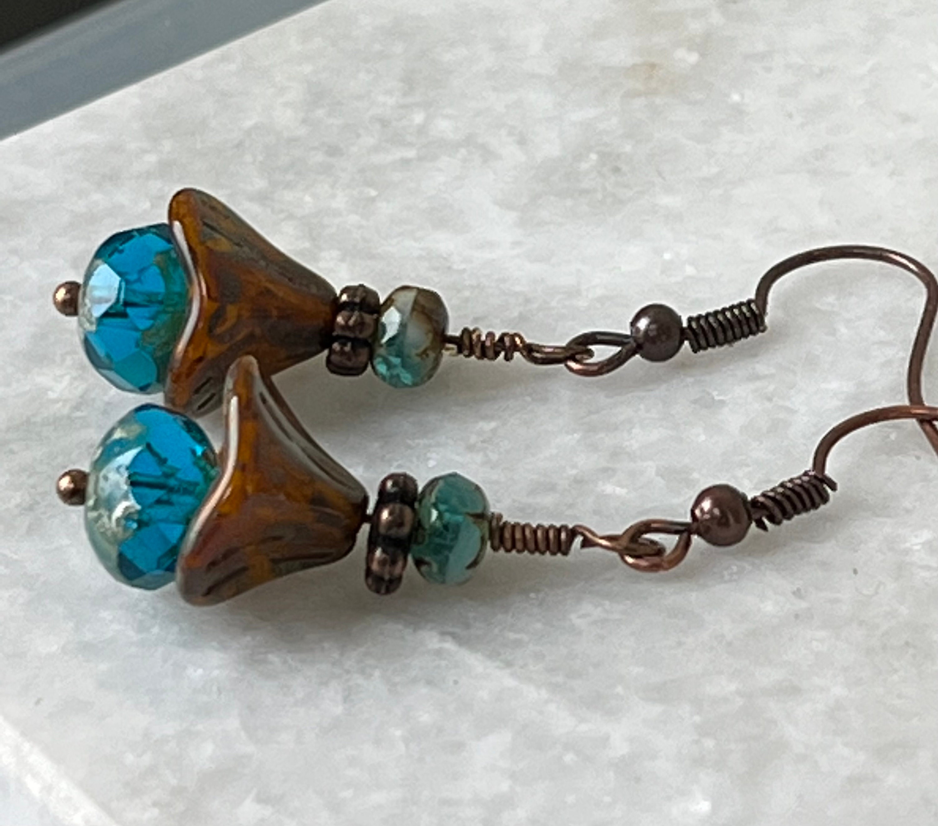 Sky Blue Picasso Bead and Copper Flower Earrings Copper - Etsy