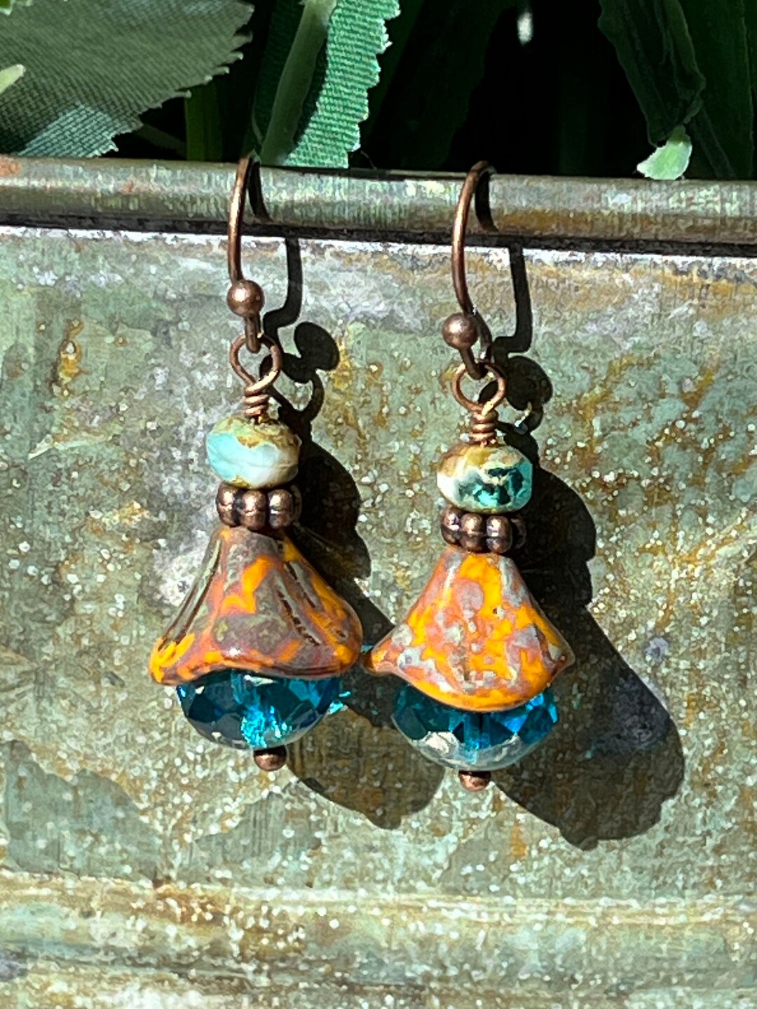 Sky Blue Picasso Bead and Copper Flower Earrings, Copper Jewelry Blue ...