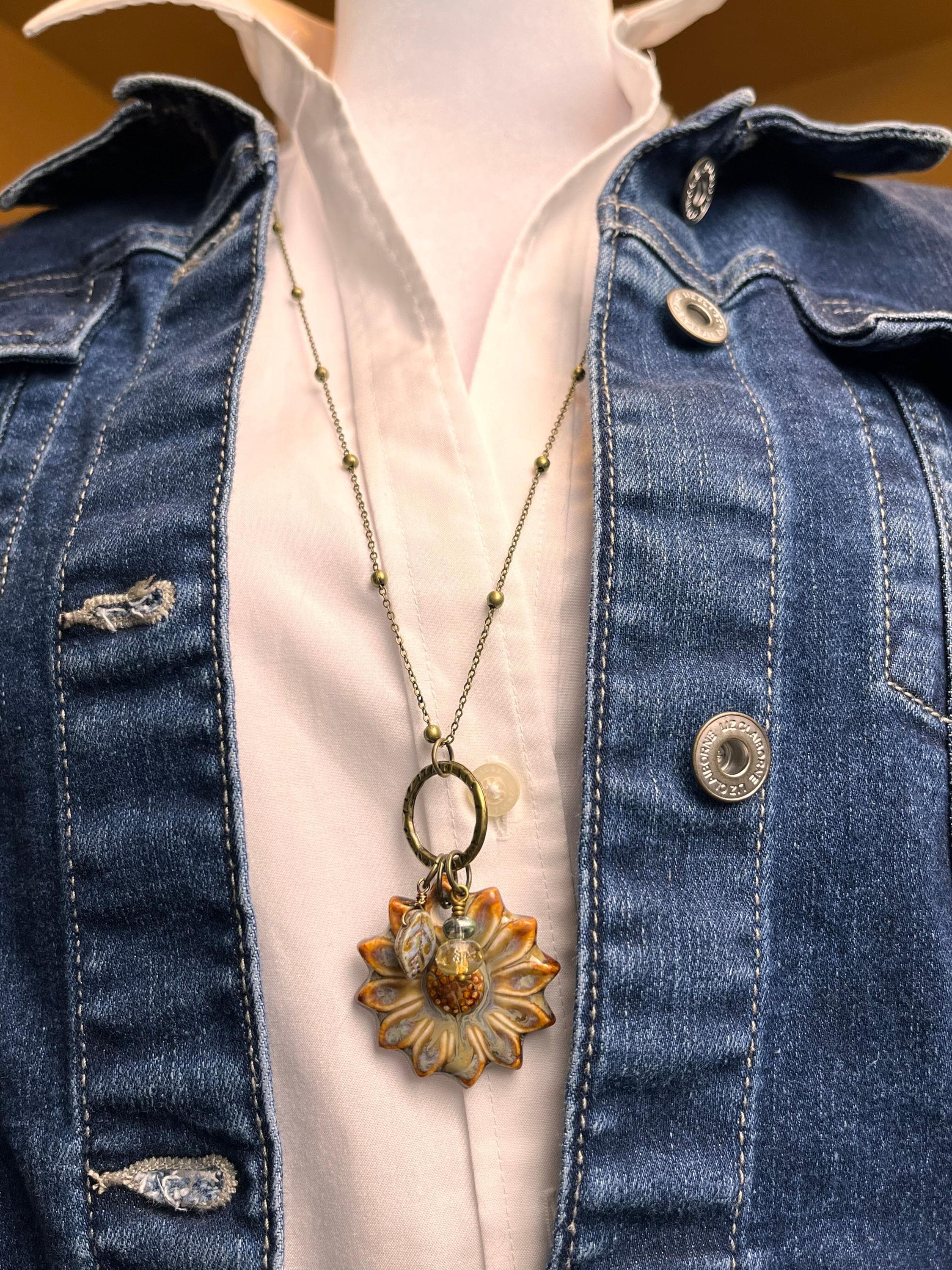 Artisan Ceramic Sunflower & Charms Long Necklace, Ceramic Pendant ...