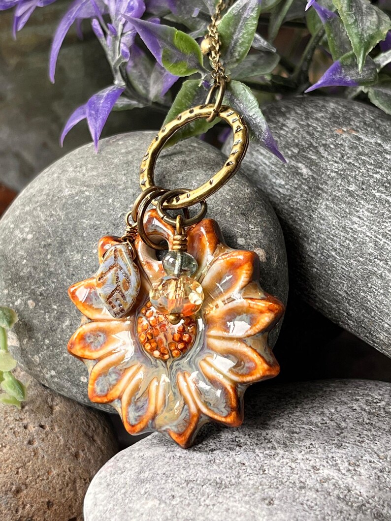 Artisan Ceramic Sunflower & Charms Long Necklace, Ceramic Pendant ...