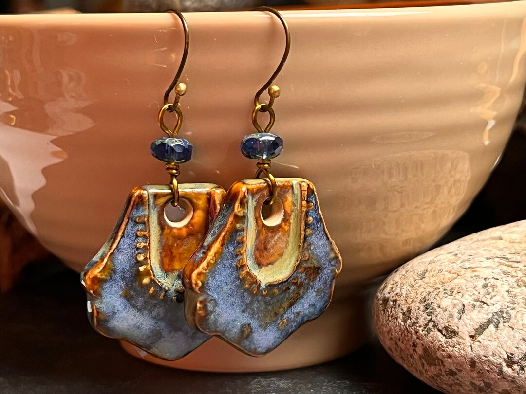 Artisan Dark Blue Denim Ceramic Earrings, Boho Earrings, Ceramic ...