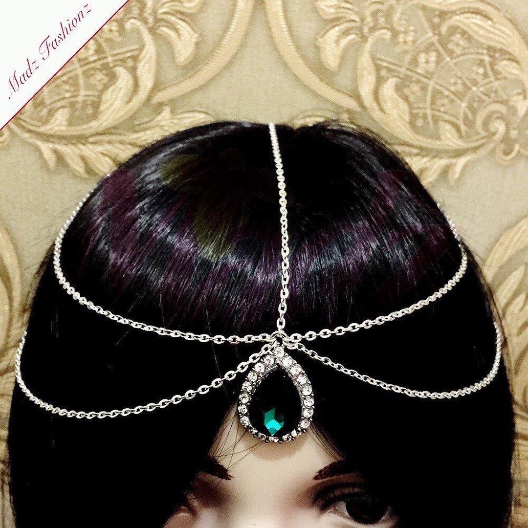 Emerald Green Crystal Headpiece, Arabic Hair Jewelry, Silver Chain ...