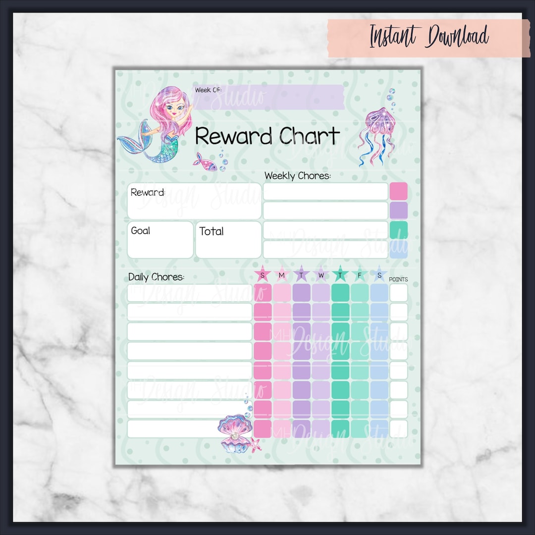 Mermaid Chart, Weekly Chore Tracker, Reward Chart, Instant Printable ...
