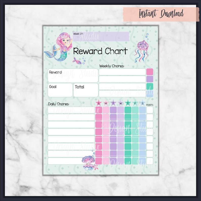 Mermaid Chart, Weekly Chore Tracker, Reward Chart, Instant Printable ...