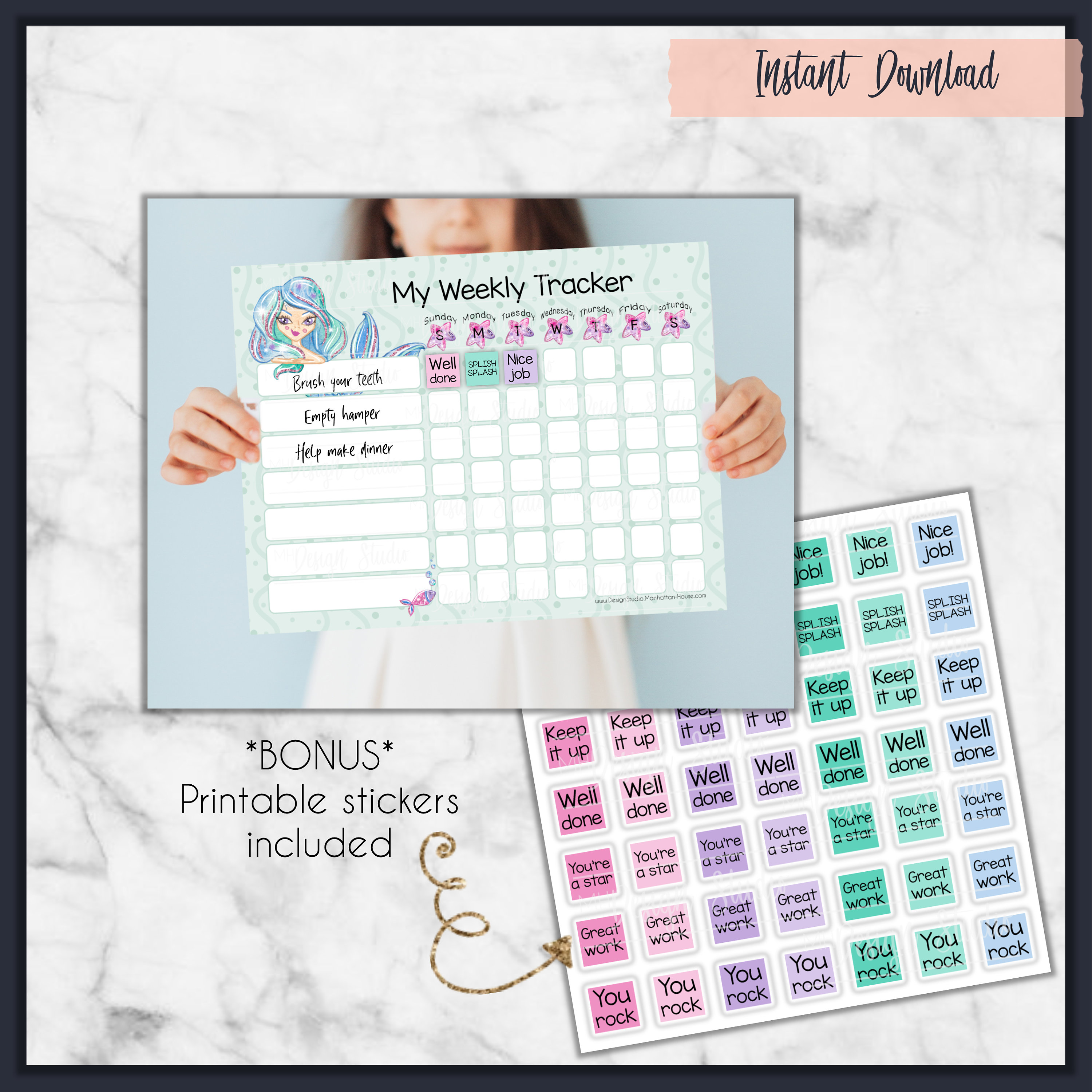 Mermaid Chart, Weekly Chore Tracker, Reward Chart, Instant Printable ...