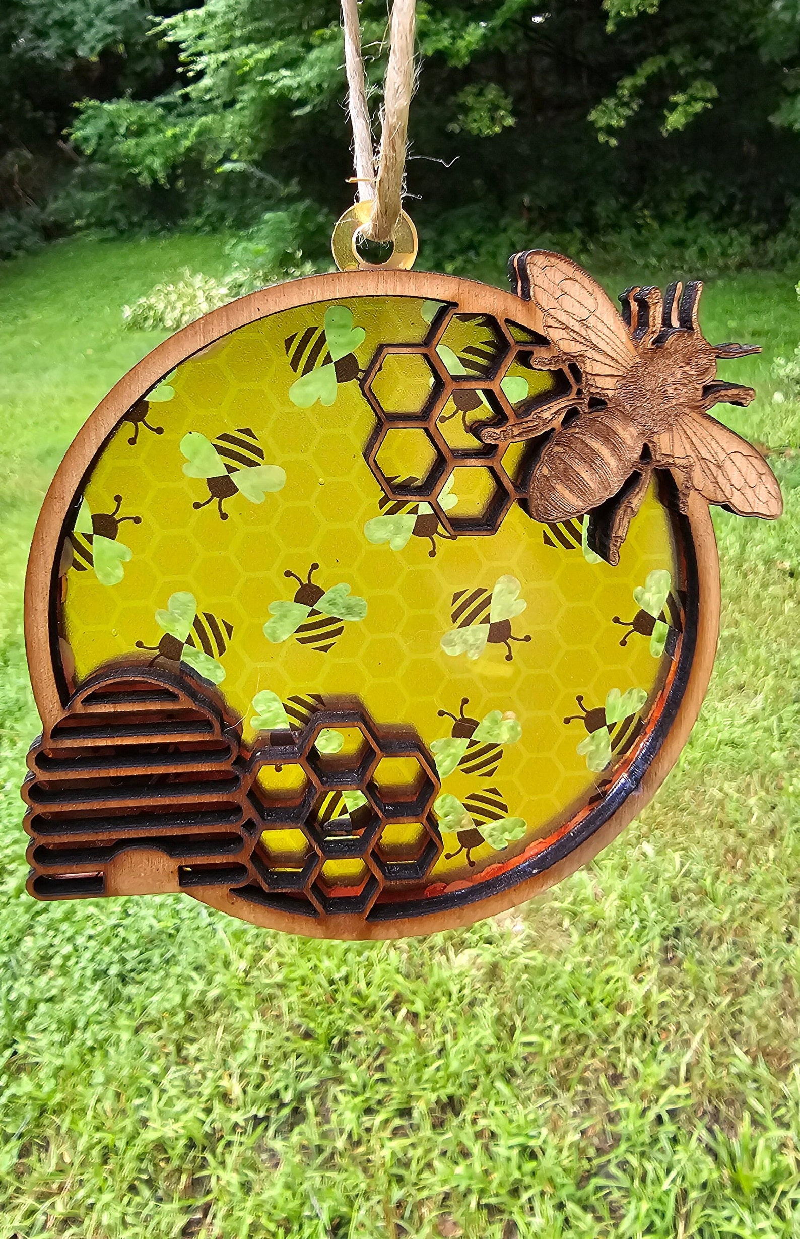 Bee Suncatcher, Acrylic Suncatcher, Honeycomb, Cherry Wood Suncatcher ...