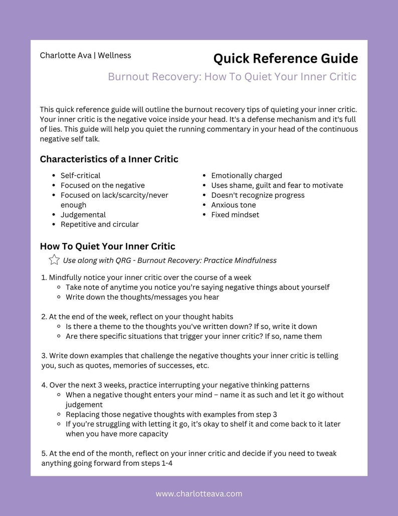QRG - Burnout Recovery Tip: How to Quiet Your Inner Critic - Etsy