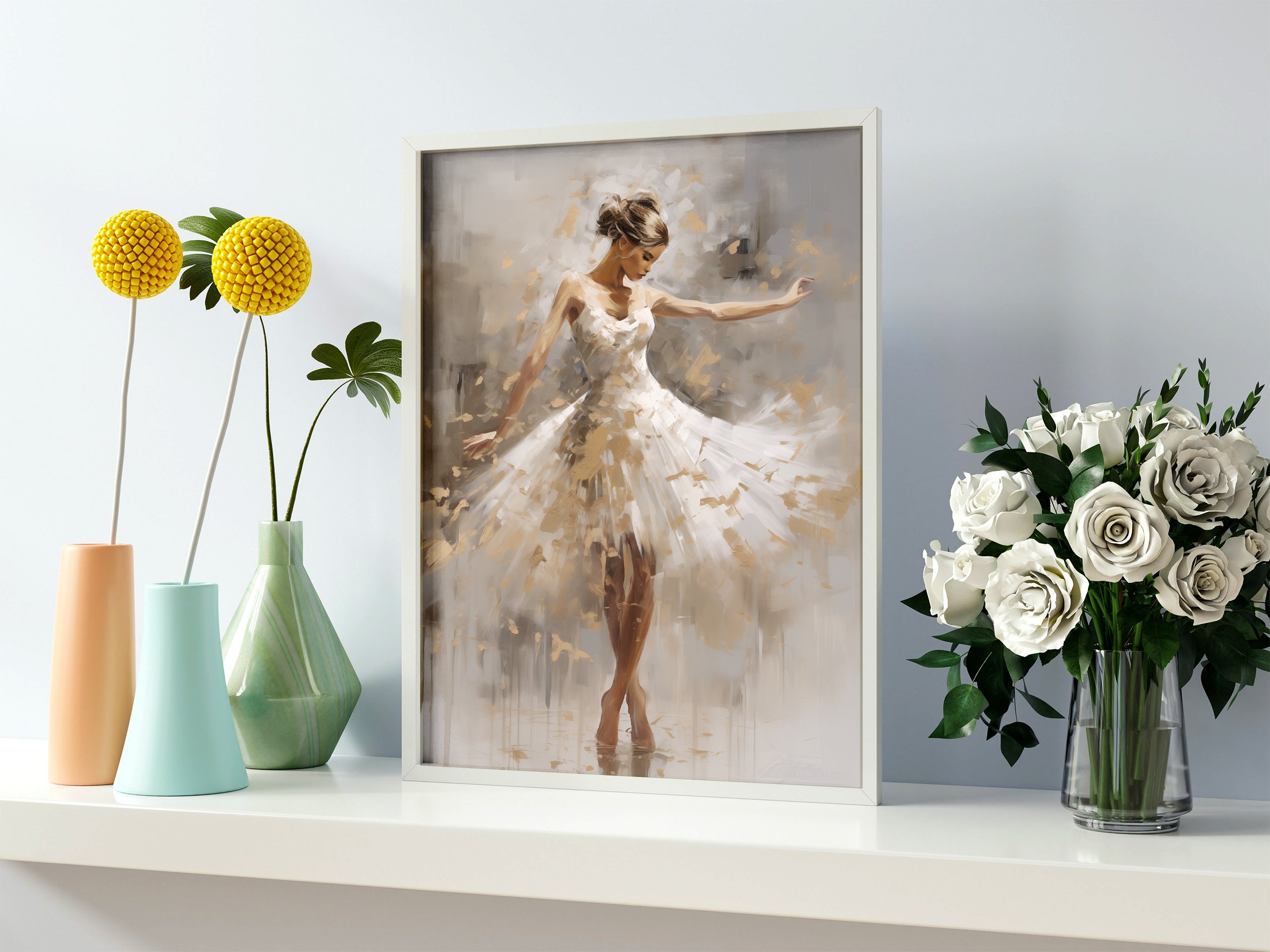 Golden Ballerina Modern Art Digital Download Minimalist Poster, Gold Canvas, White Poster, Ready ...