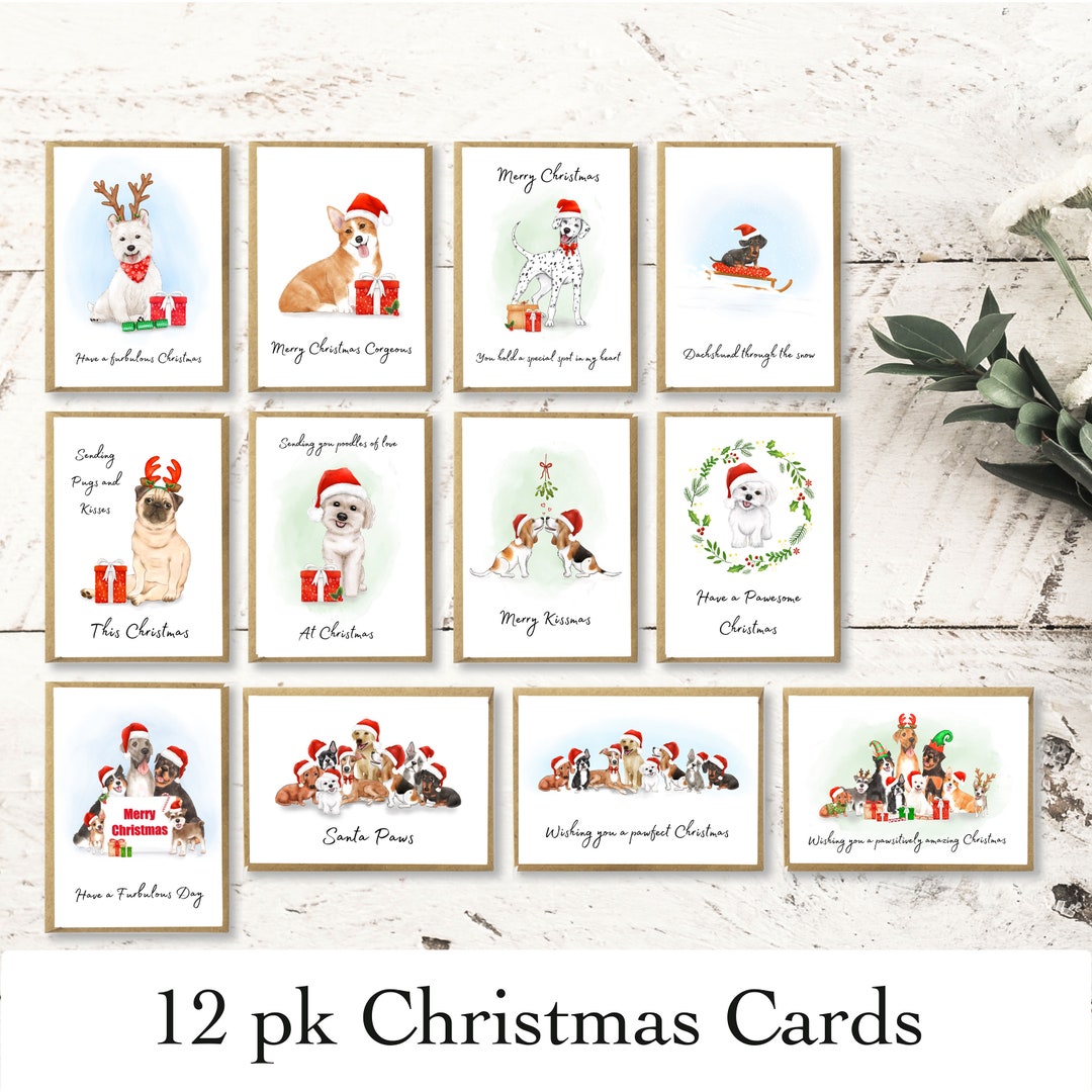 12 Pack Christmas Punny Dogs Cards Cute Christmas Cards Funny Christmas ...