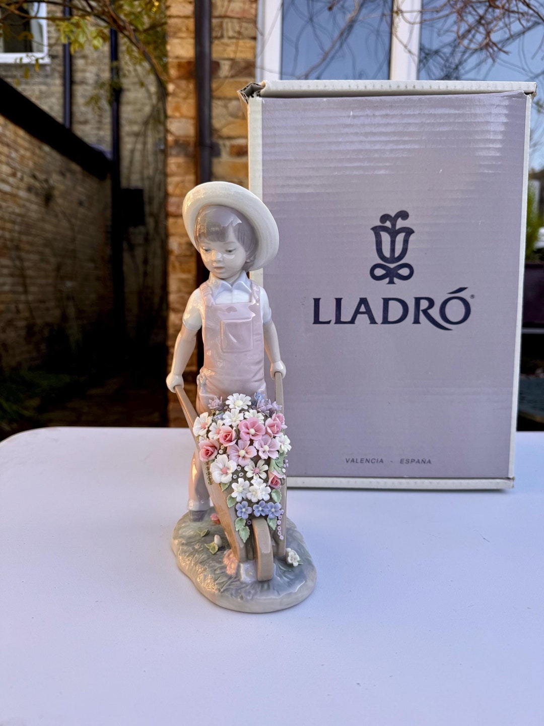 A Rare Lladro 1283 Porcelain Figurine of Wheelbarrow With Flowers in Its Original Box and in ...