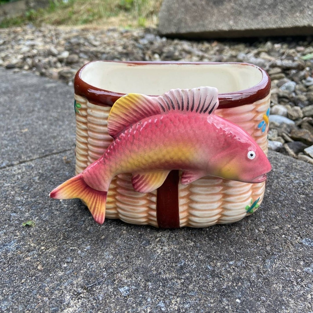 Vintage Pacific Japan Hand Painted Fly Fishing Trout Basket Ceramic ...