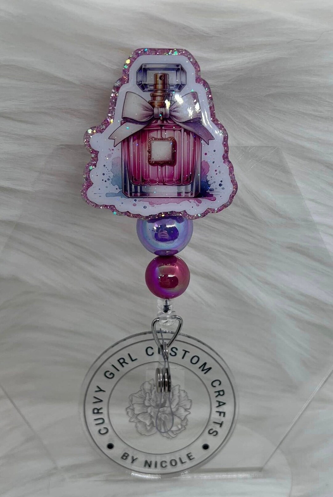 Designer Perfume Bottle Glitter Badge Reel With Bubblegum Beads ...